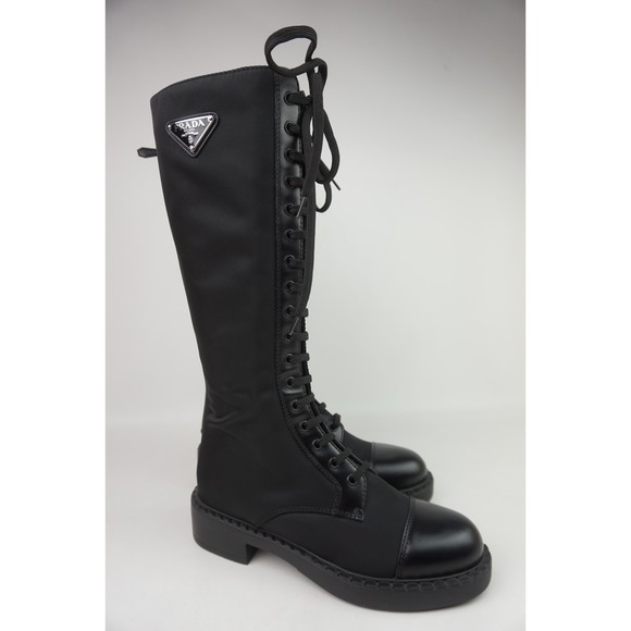 Prada | Shoes | Prada Womens Black Tall Nylon Leather Laceup Logo ...